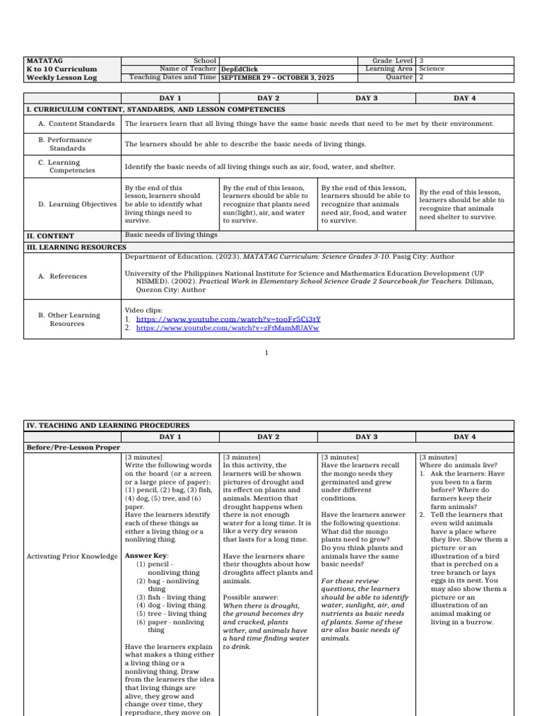Science 3 Matatag DLL - Q2 - W6 | PDF | Learning | Foods
