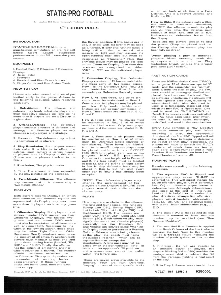 Statis-Pro Football Rules 5th Edition | PDF | American Football ...