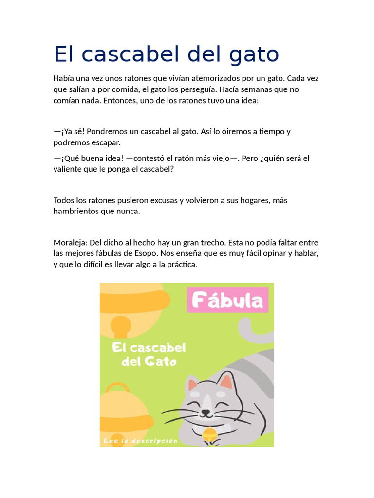 El cascabel del gato: fábula de Esopo | PDF