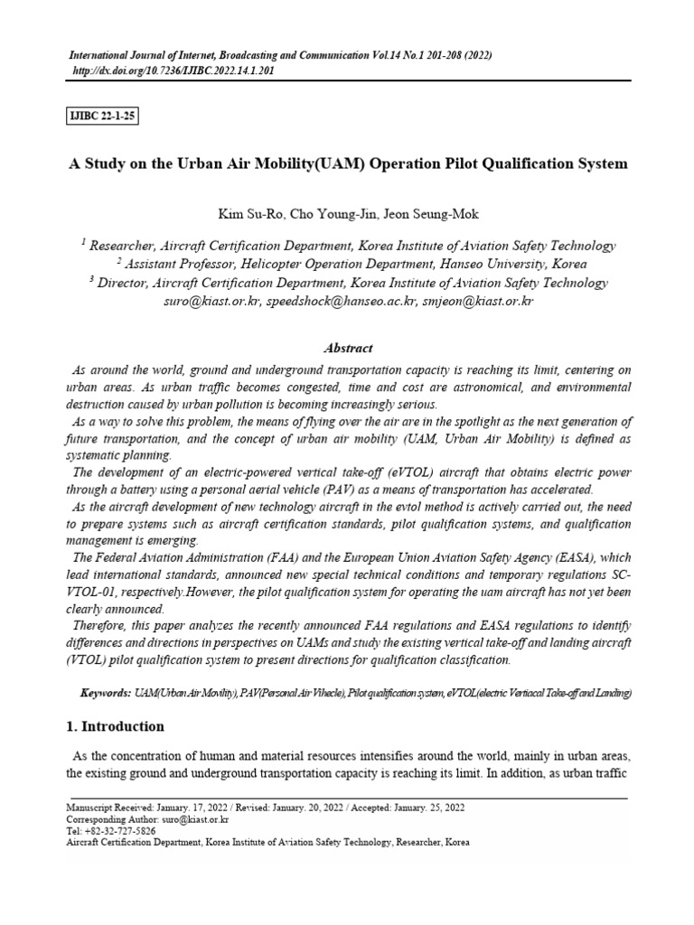 A Study On The Urban Air Mobility (UAM) Operation Pilot Qualification ...