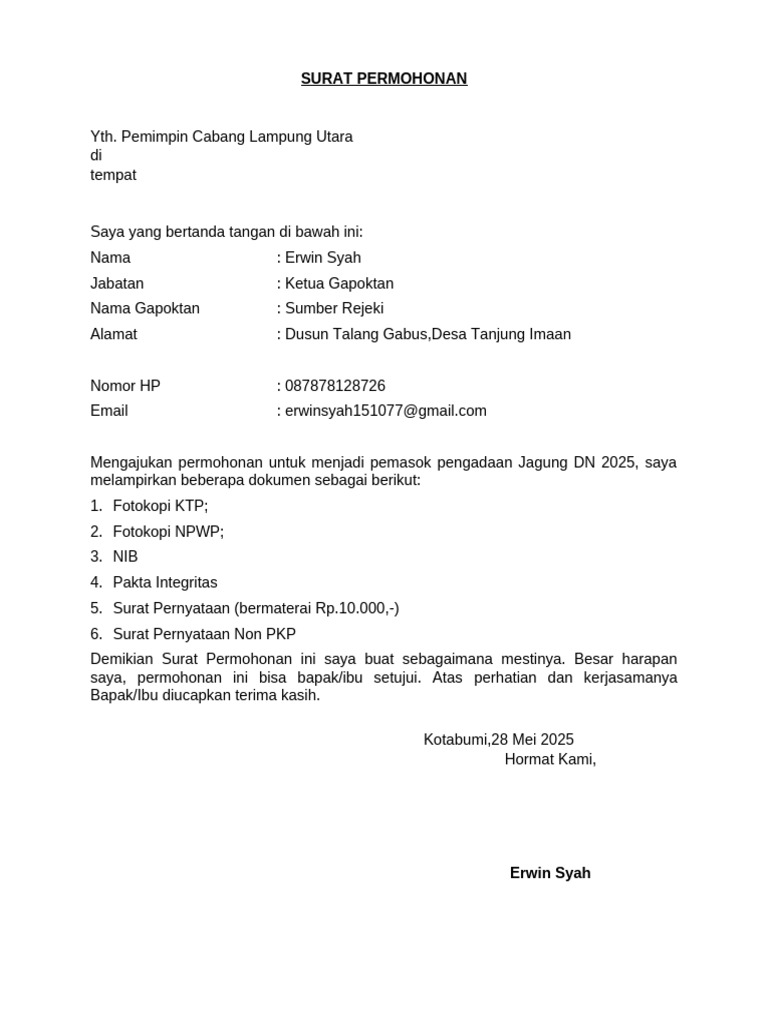 Surat Permohonan 2025 Gapoktan | PDF