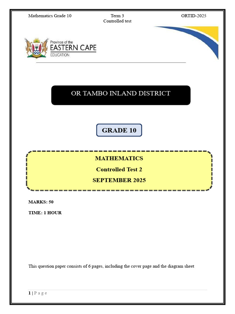 Grade 10 Mathematics Controlled Test 2025 | PDF | Mathematics