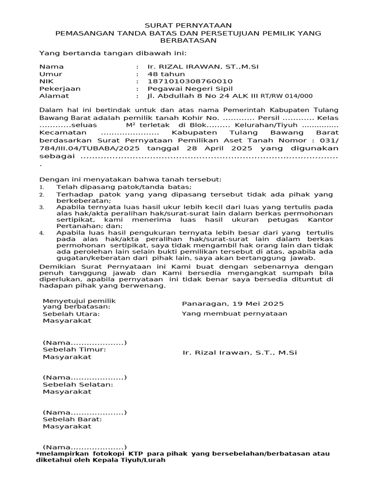 Surat Pernyataan Pemasangan Tanda Batas | PDF
