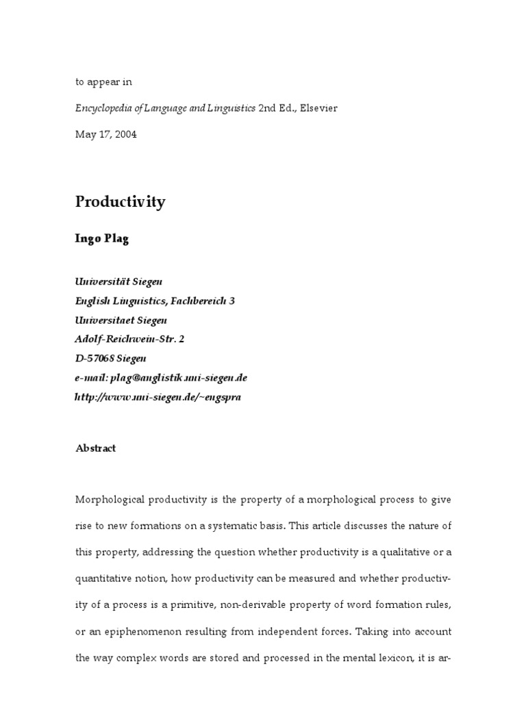 Productivity: Ingo Plag | PDF | Morphology (Linguistics) | Phonology