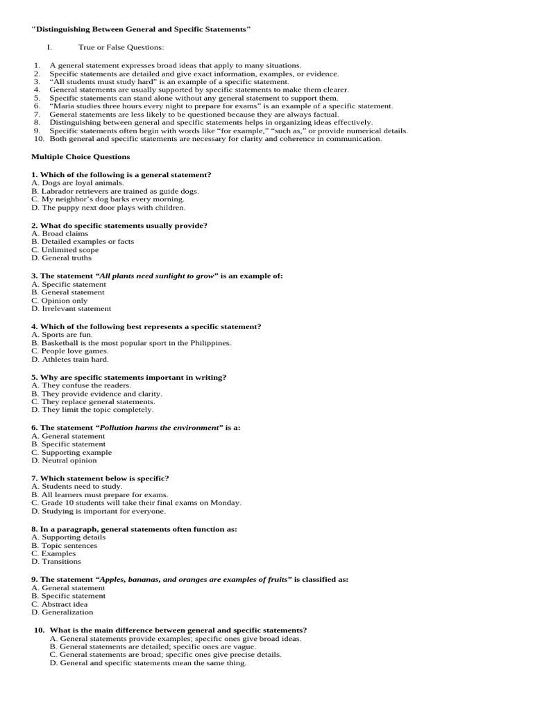 General vs. Specific Statements Explained | PDF | Learning | Knowledge