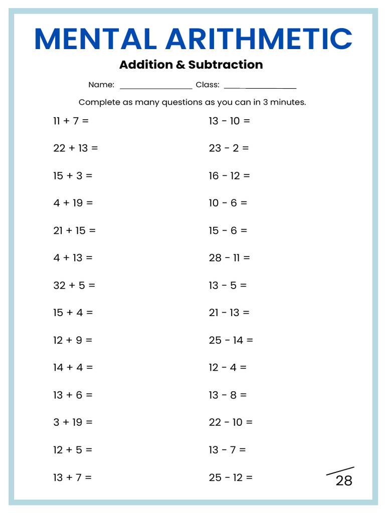 Simple Blue Addition and Subtraction Mental Arithmetic Maths Worksheet ...