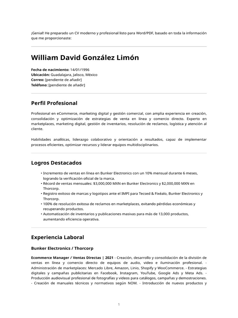 CV William David | PDF | Logística | Marketing