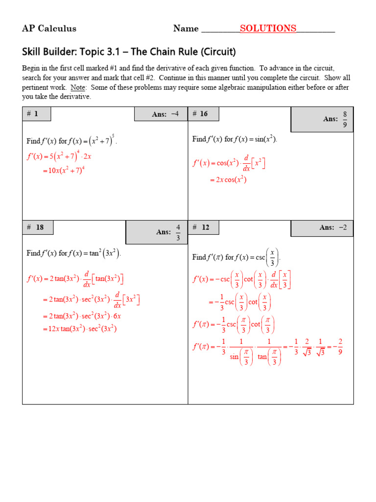 Chain Rule Skill Builder Worksheet | PDF | Mathematical Analysis | Calculus