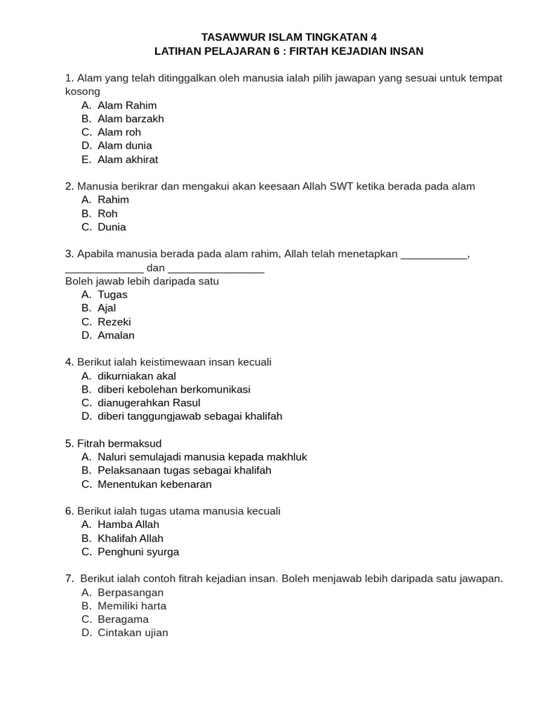 t4 Latihan Bab 6 - Fitrah Kejadian Insan | PDF