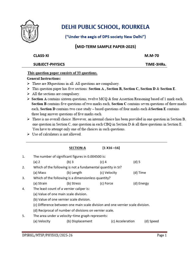 Mid Term Sample Question - 2025 (Xi) | PDF | Acceleration | Force