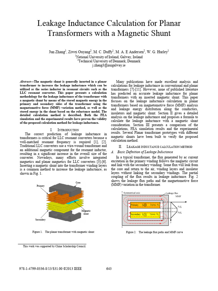 Leakage Inductance Calculation for Planar Transformers With a Magnetic Shunt | PDF | Inductance ...