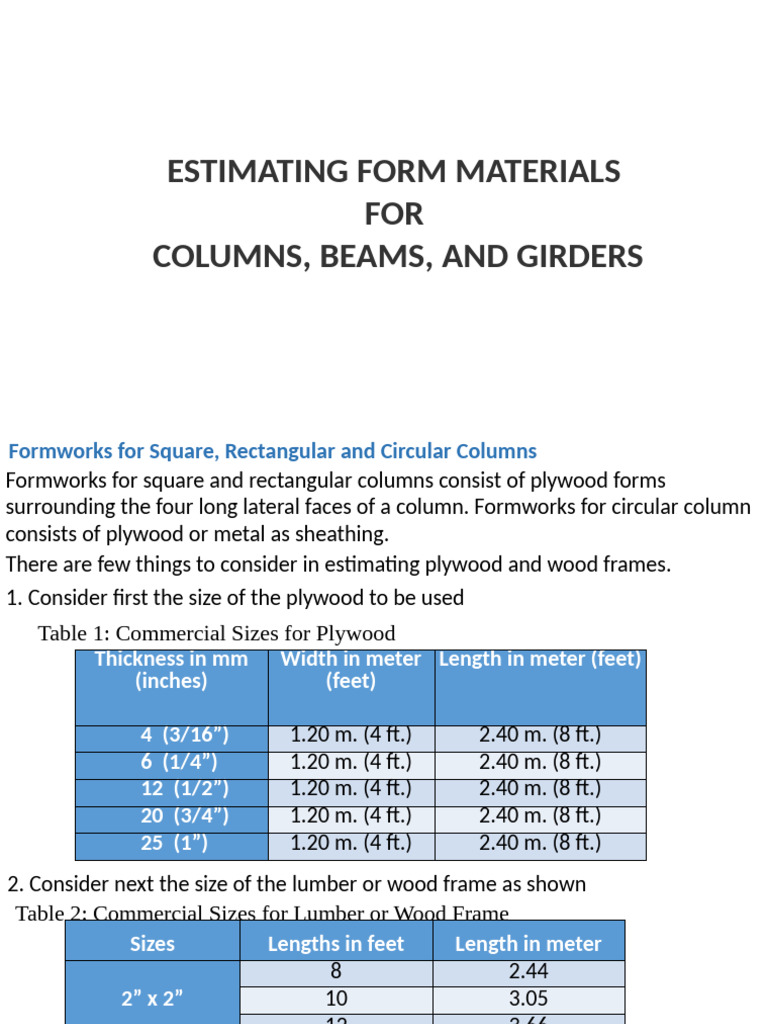 Estimate Form Materials For Column, Beams and Girder | PDF | Foot (Unit ...