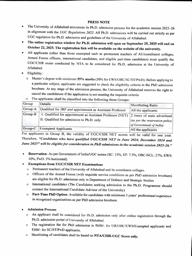 Press Note PHD Admission 2025 | PDF | Doctor Of Philosophy | Vocational ...