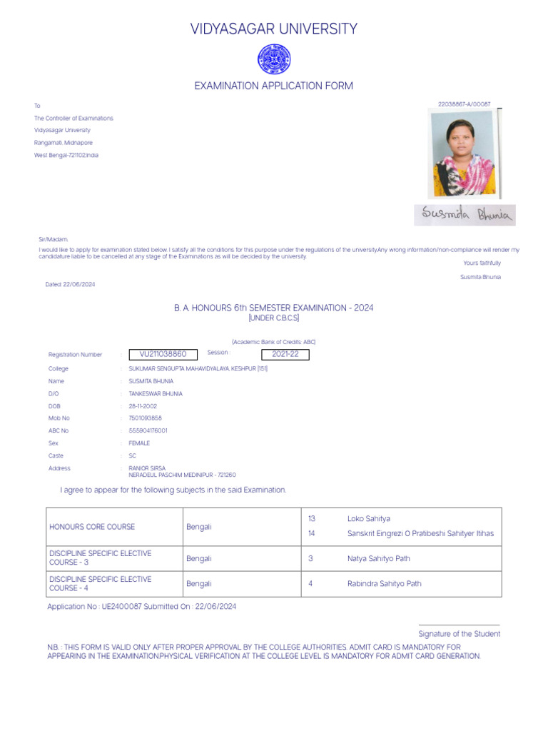 6th Sem Exam. Form Fill Up 2024 | PDF