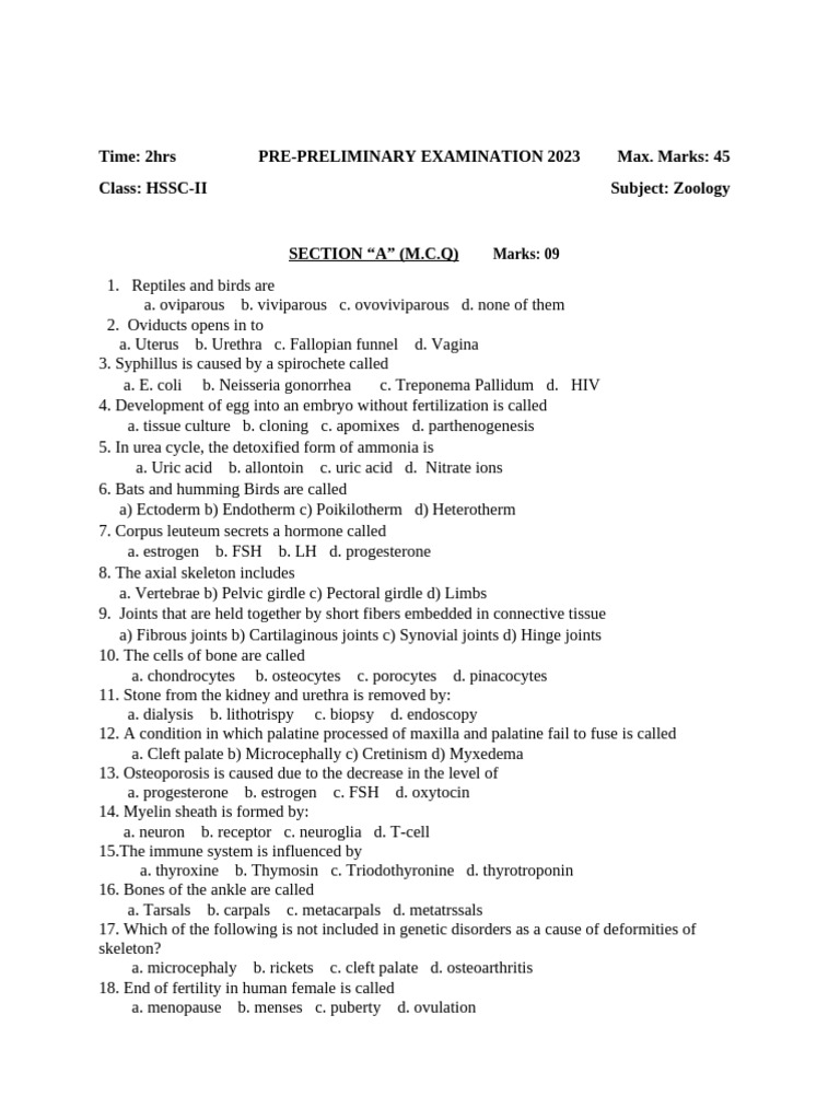 Prelium 2023 - Zoo Hssc-II College | PDF | Endocrine System | Medical ...