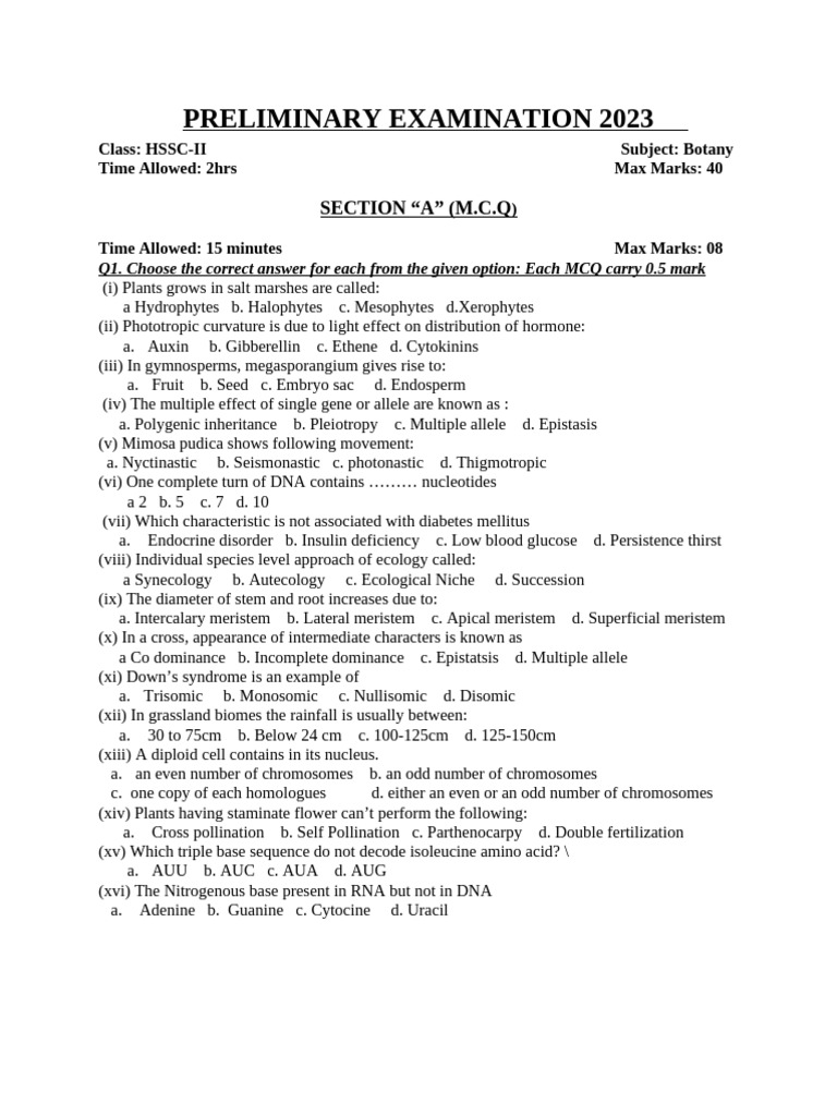 Preliminary Examination-2023 Part-II Bot | PDF | Dominance (Genetics ...