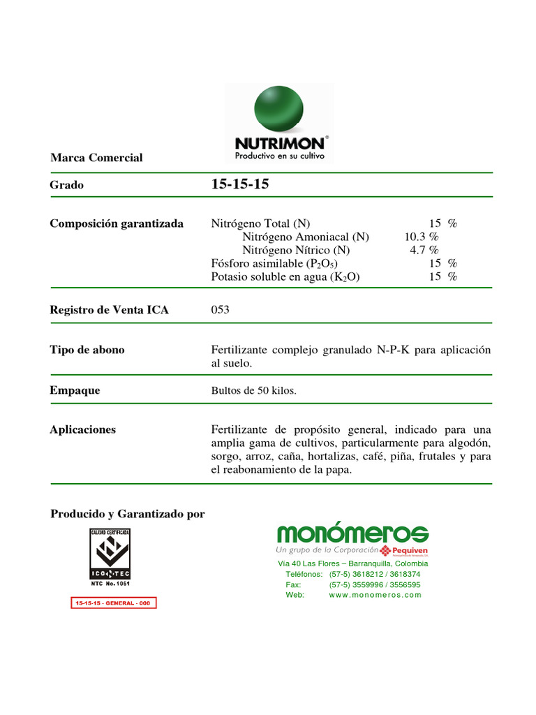 Fertilizante Nutrimon 15-15-15 | PDF