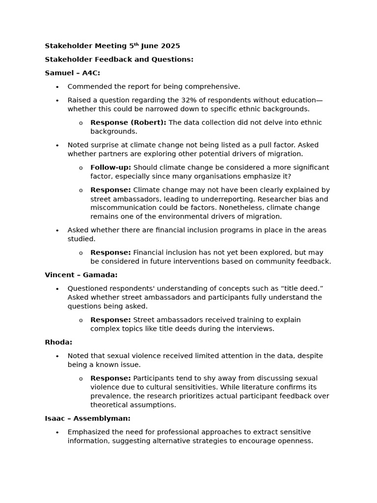 Notes Stakeholders Meeting 5th June | PDF | Violence | Sexual Violence
