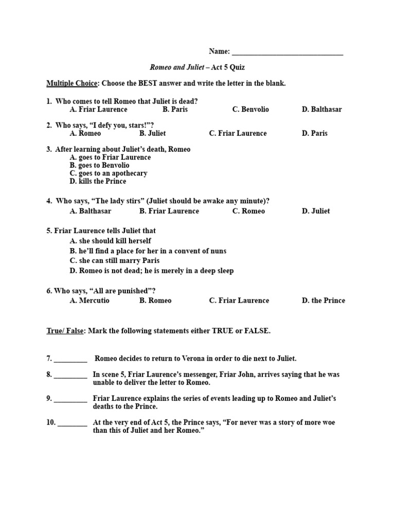 Act 5 Quiz for Romeo and Juliet | PDF