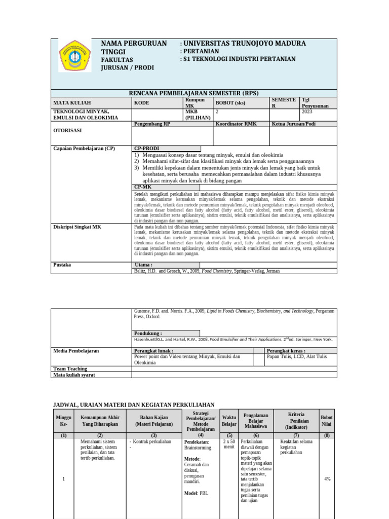 RPS Teknologi Minyak dan Oleokimia | PDF