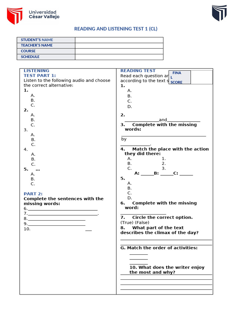 Listening and Reading Test 1 Guide | PDF