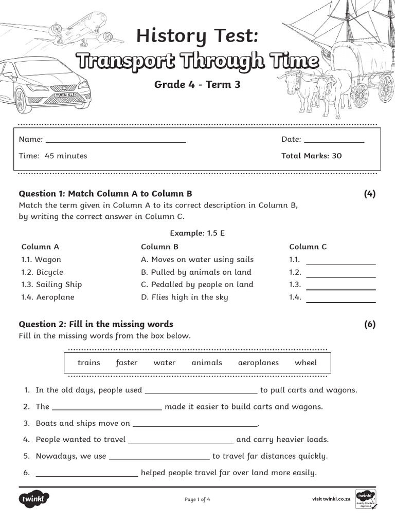 Grade 4 History: Transport Test | PDF | Transport | Train