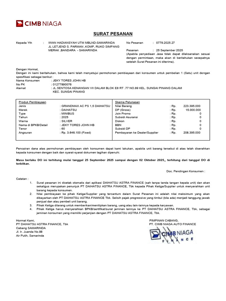 SURAT PESANAN CIMB NIAGA - Jeky To | PDF