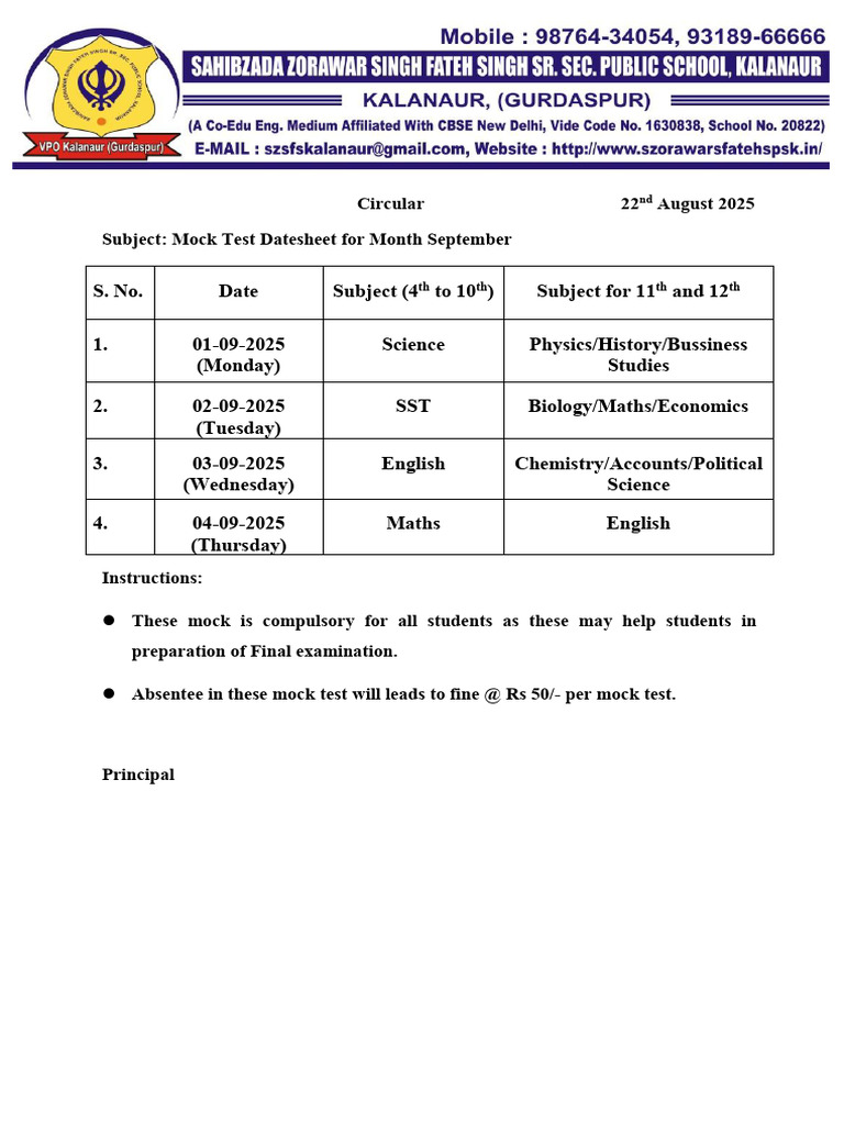Mock Test Date Sheet | PDF