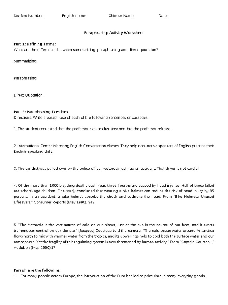 Paraphrasing Activities Worksheet | PDF | Advertising