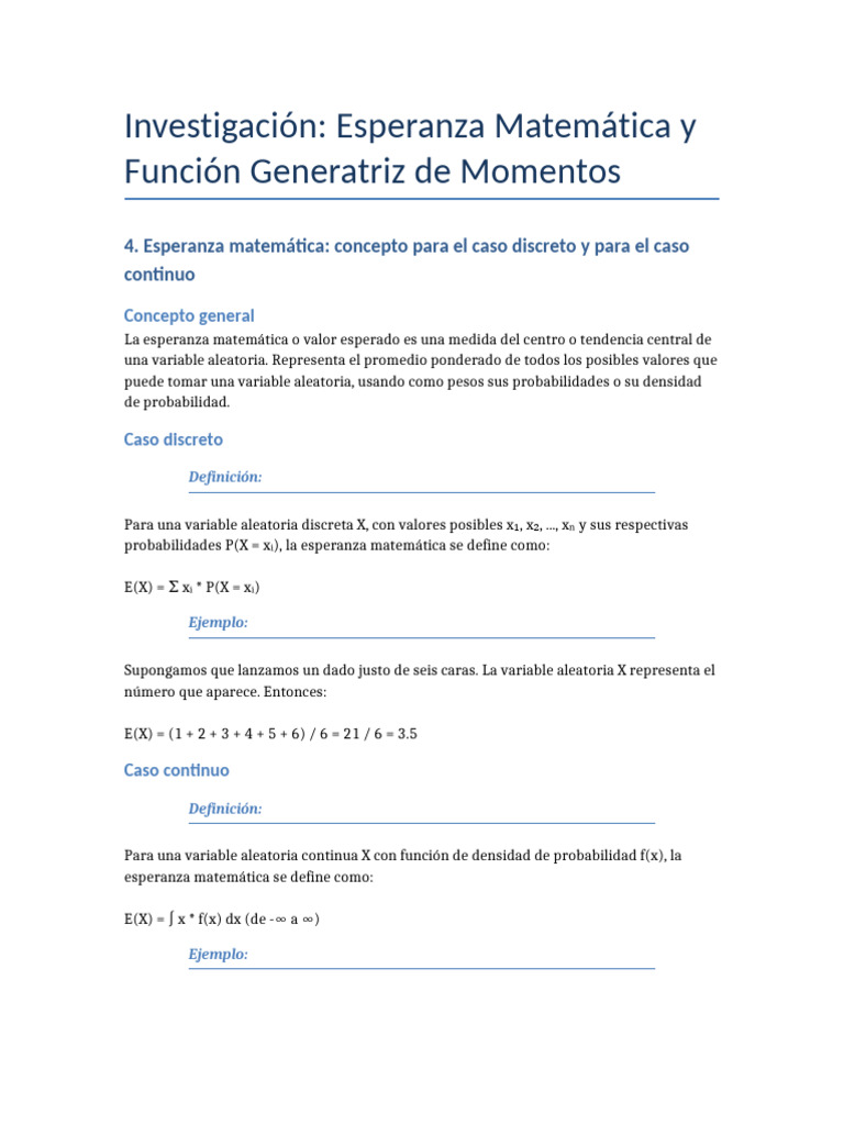 Esperanza Matemática y Función Generatriz | PDF | Variable aleatoria ...