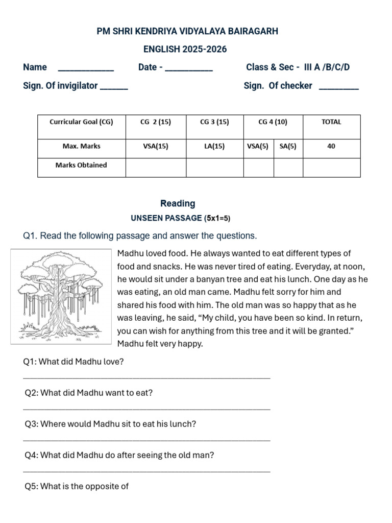 SAMPLE PAPER CLASS 3 HALF YEARLY EXAM Final | PDF