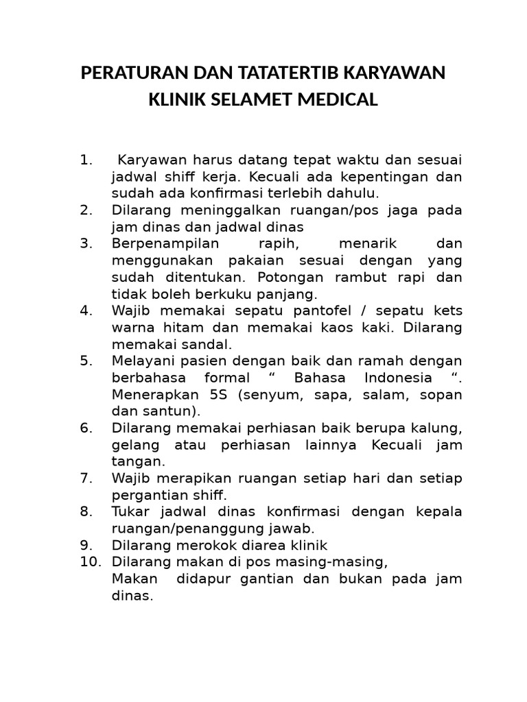 Tata Tertib Karyawan Klinik Selamet | PDF