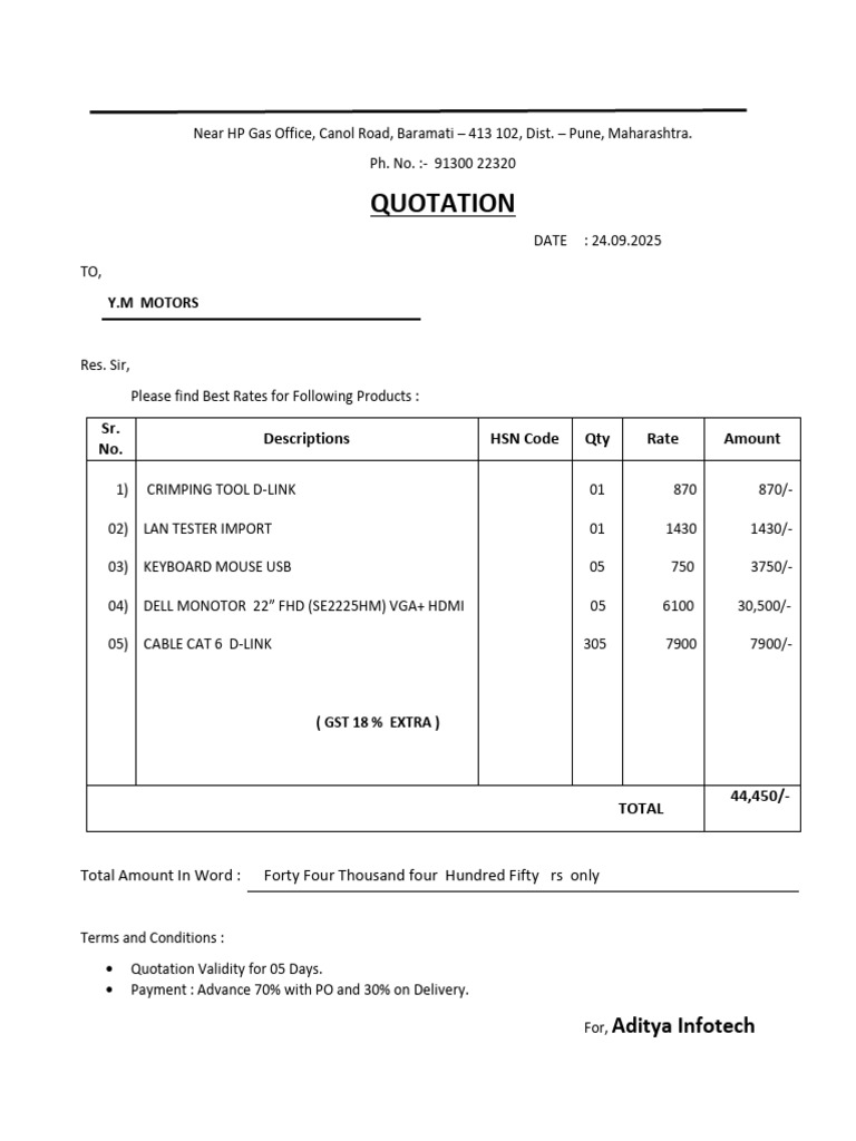 Aditya Infotech: Quotation | PDF