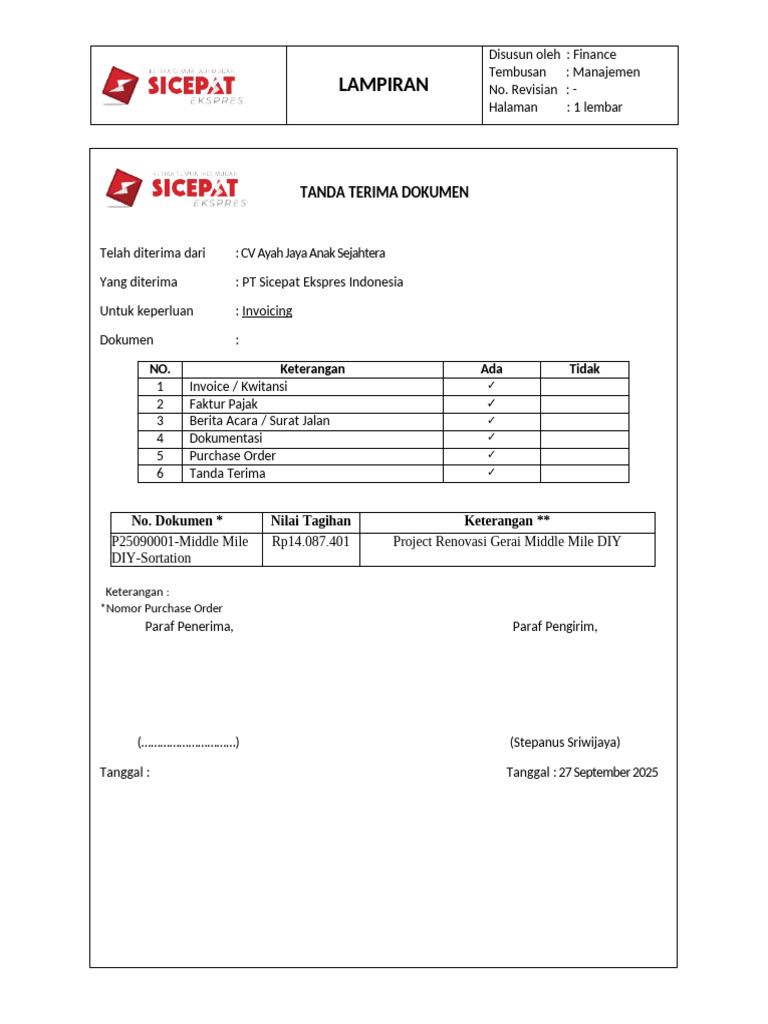 Tanda Terima Dokumen Invoicing Sicepat | PDF