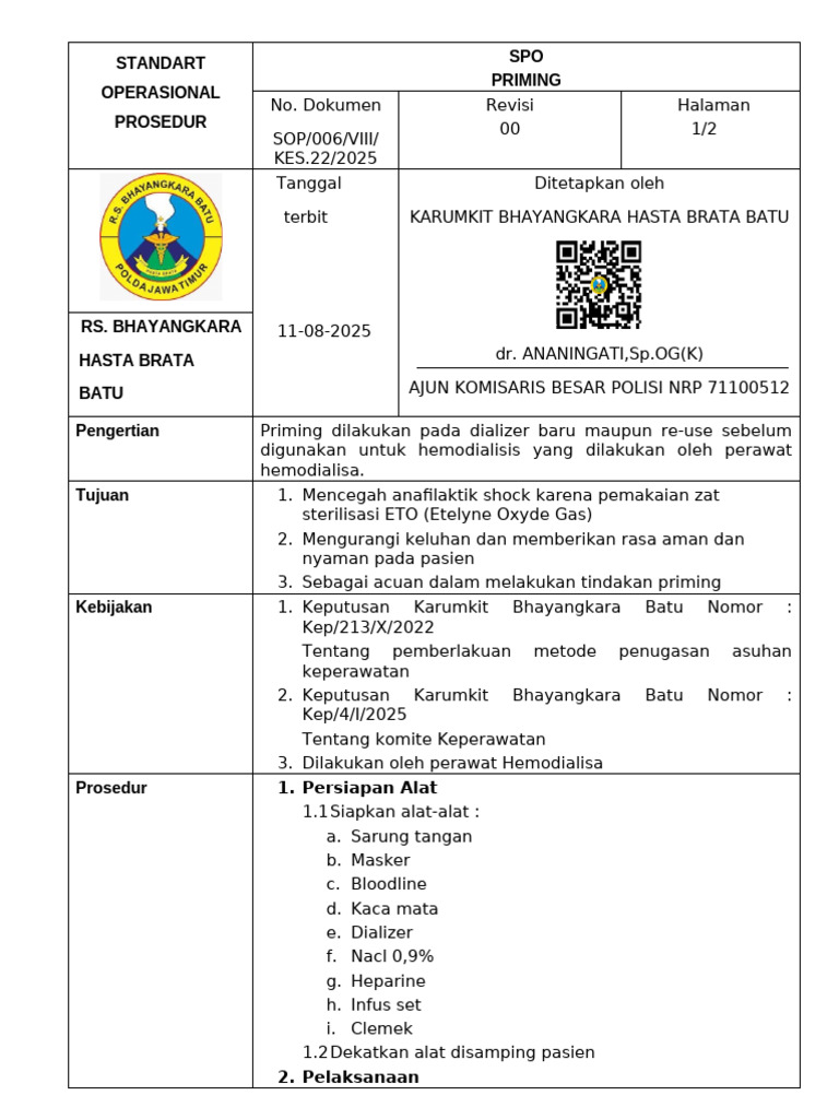 Prosedur Priming Hemodialisis SOP 2025 | PDF