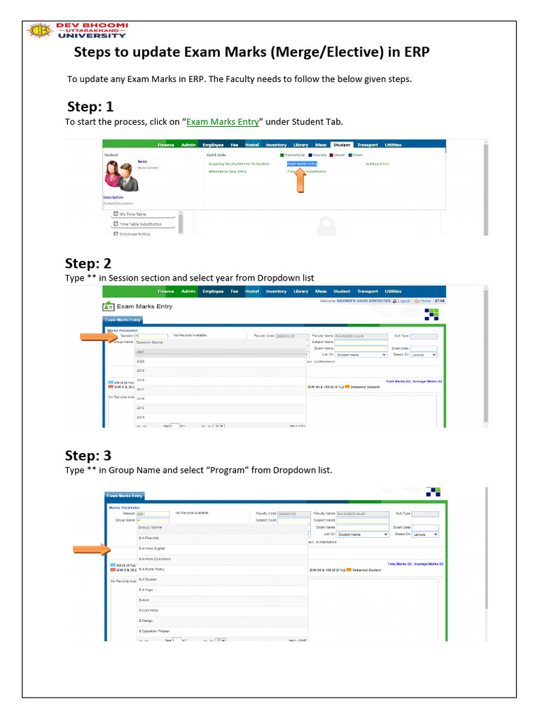 Update Exam Marks in ERP Guide | PDF