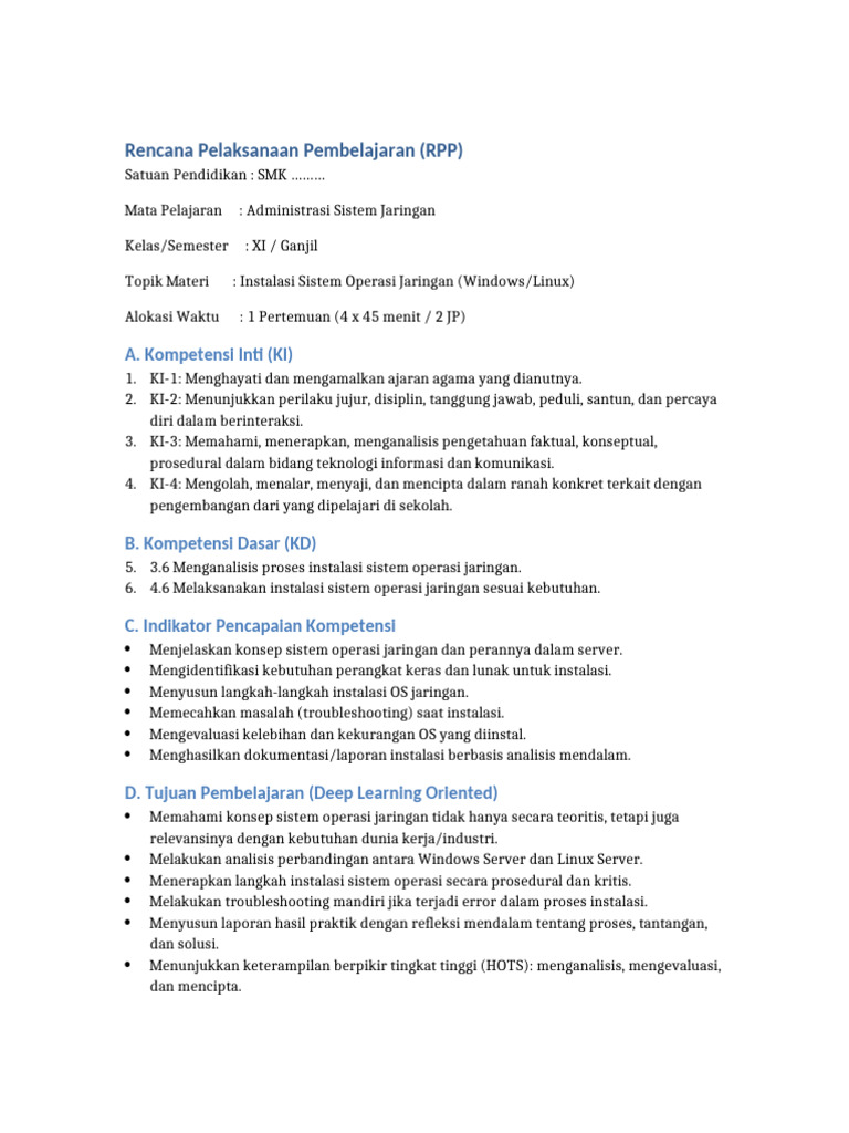 RPP Administrasi Sistem Jaringan DeepLearning | PDF