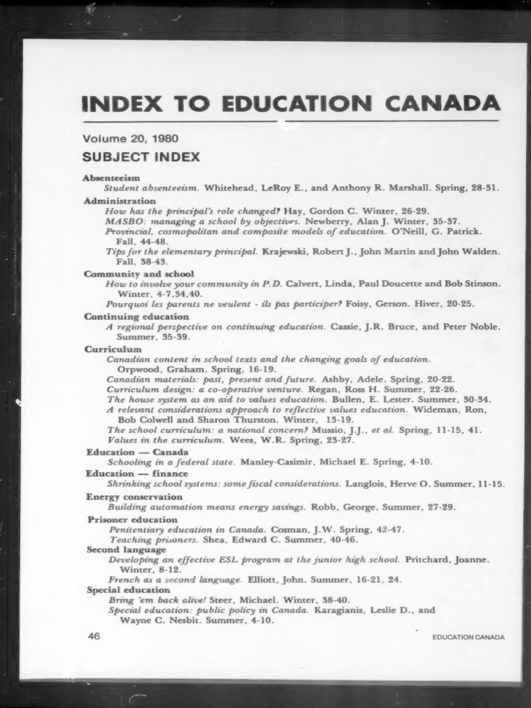Education Canada Volume 20 Index 1980 | PDF | Learning | Teaching