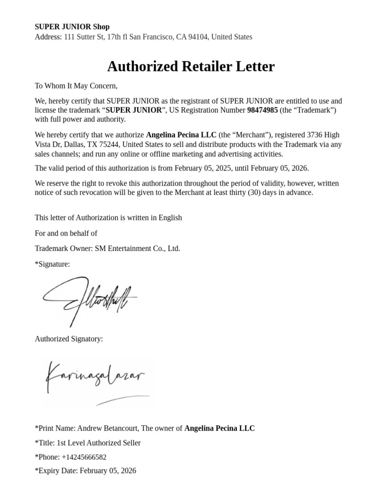 SUPER JUNIOR Trademark Authorization Letter | PDF