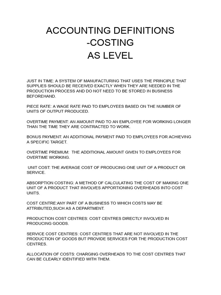 Key Accounting Terms for Costing AS Level | PDF | Business Economics ...