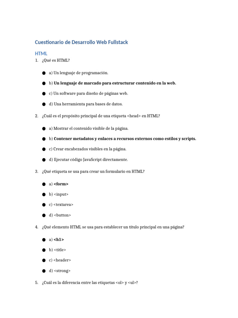 Cuestionario Desarrollo Web | PDF | HTML | Desarrollo web