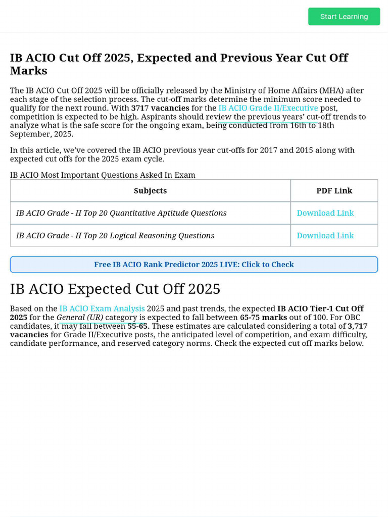 IB ACIO Cut Off 2025, Expected and Previous Year Cut Off Marks | PDF