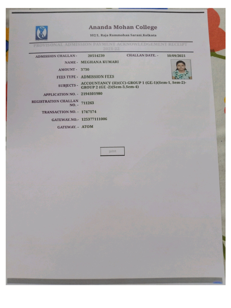 Admission Receipt | PDF