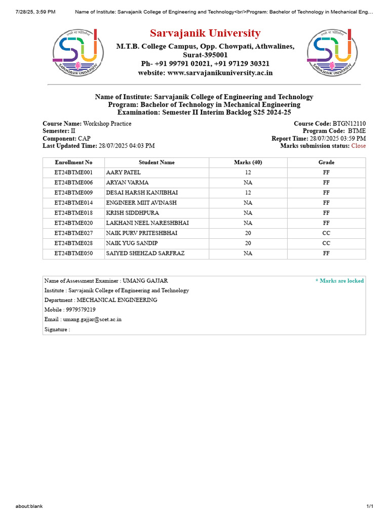 Workshop Practice II Marks Report | PDF | Engineering