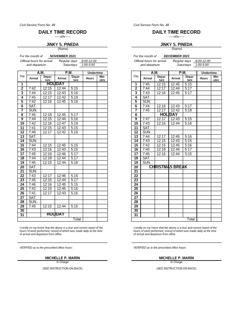 CSC Form 48 Daily Time Record (DTR) | PDF