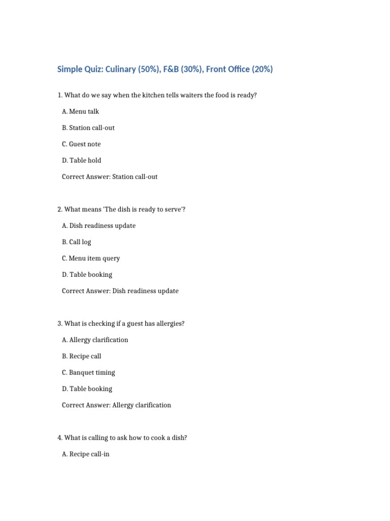 Culinary and Hospitality Quiz | PDF | Cooking | Chess
