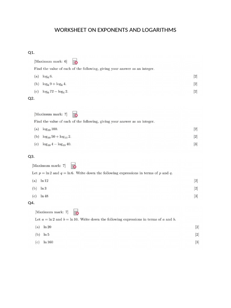 Worksheet On Exponents And Logarithms Dp Pdf