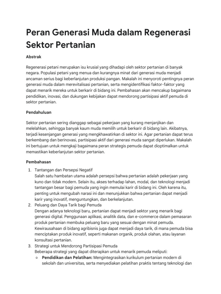 Peran Generasi Muda Dalam Regenerasi Sektor Pertanian | PDF