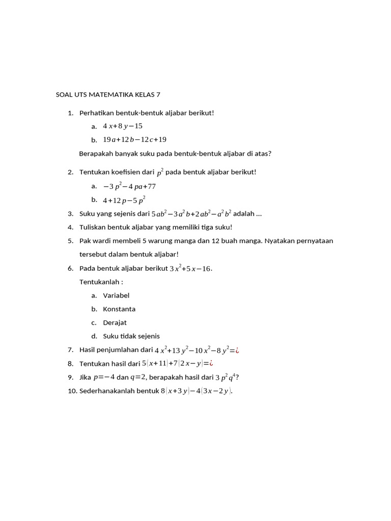 Soal UTS Matematika Kelas 7 Aljabar | PDF