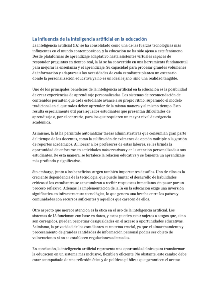 La Influencia de La Inteligencia Artificial en La Educación | PDF ...